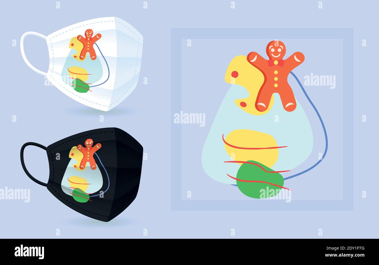 Christmas gingerbread man on face mask mockup with abstract element ...