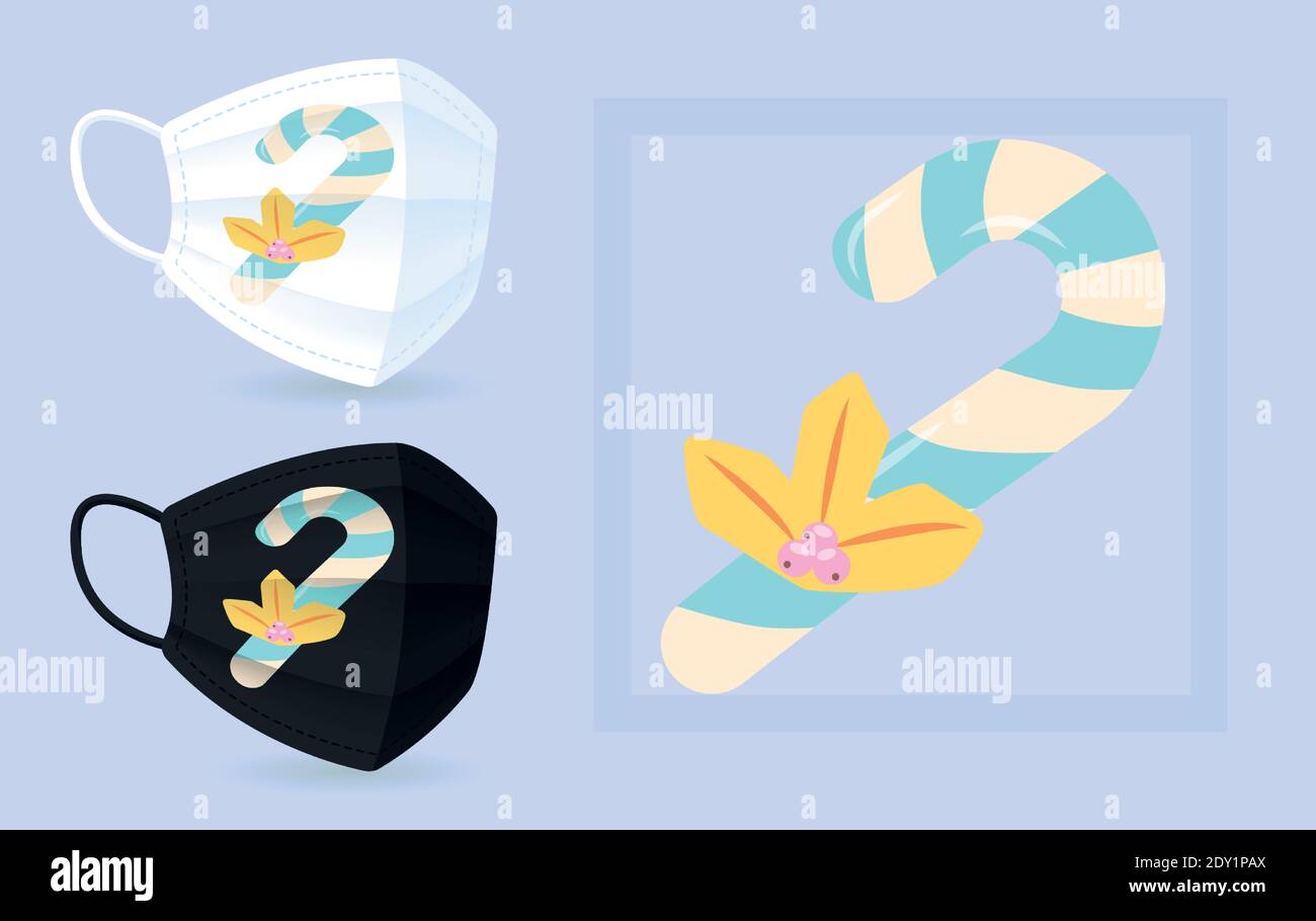 Candycane with blue stripes on face mask black, white mockup with ...