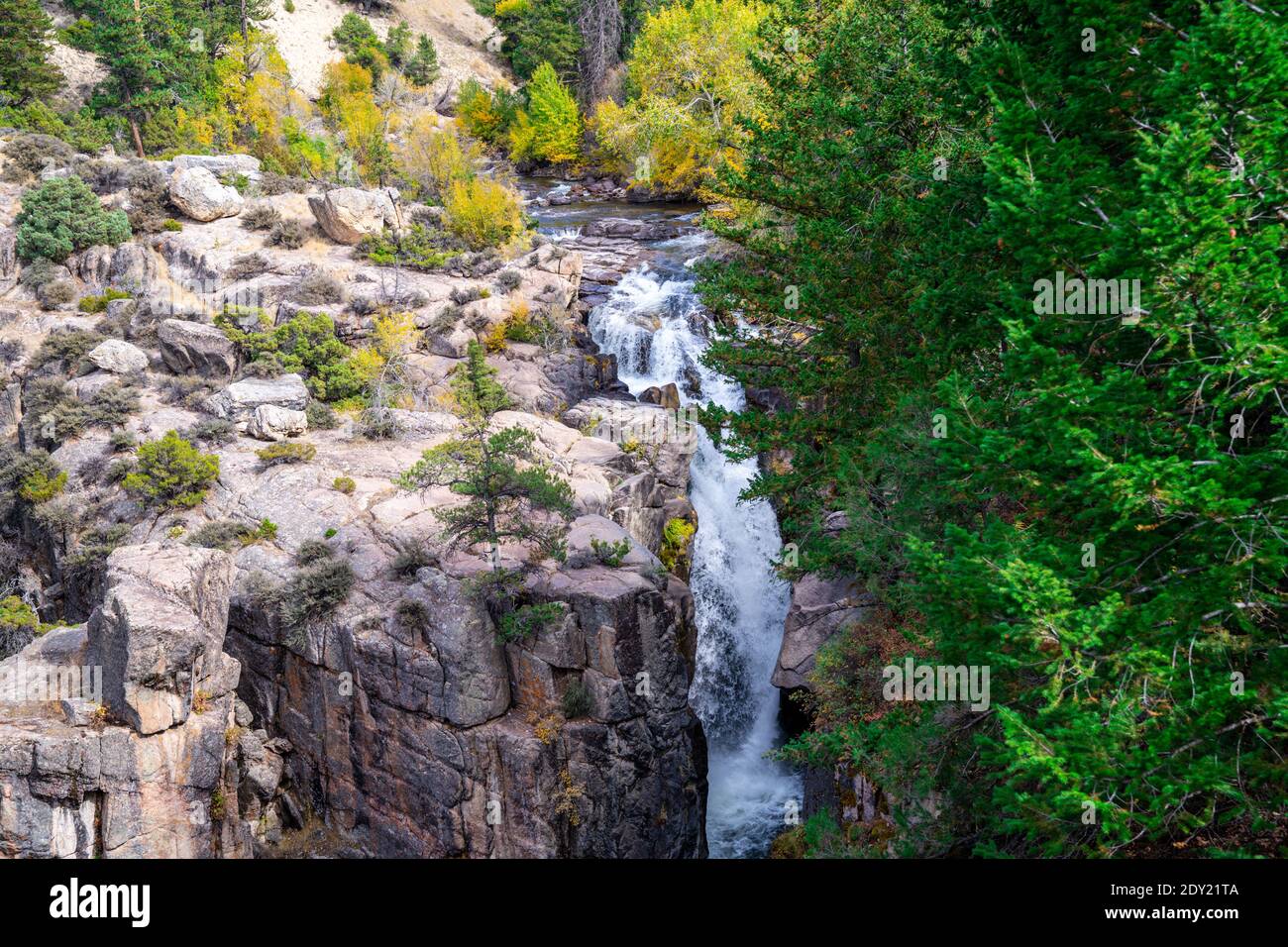 Shell Falls waterfall, in the Bighorn National Forest along US Highway ...