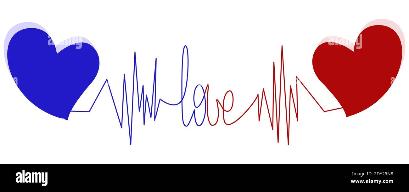 Heartbeat pulse and word Love. Two hearts with shadow. Isolated vector ...
