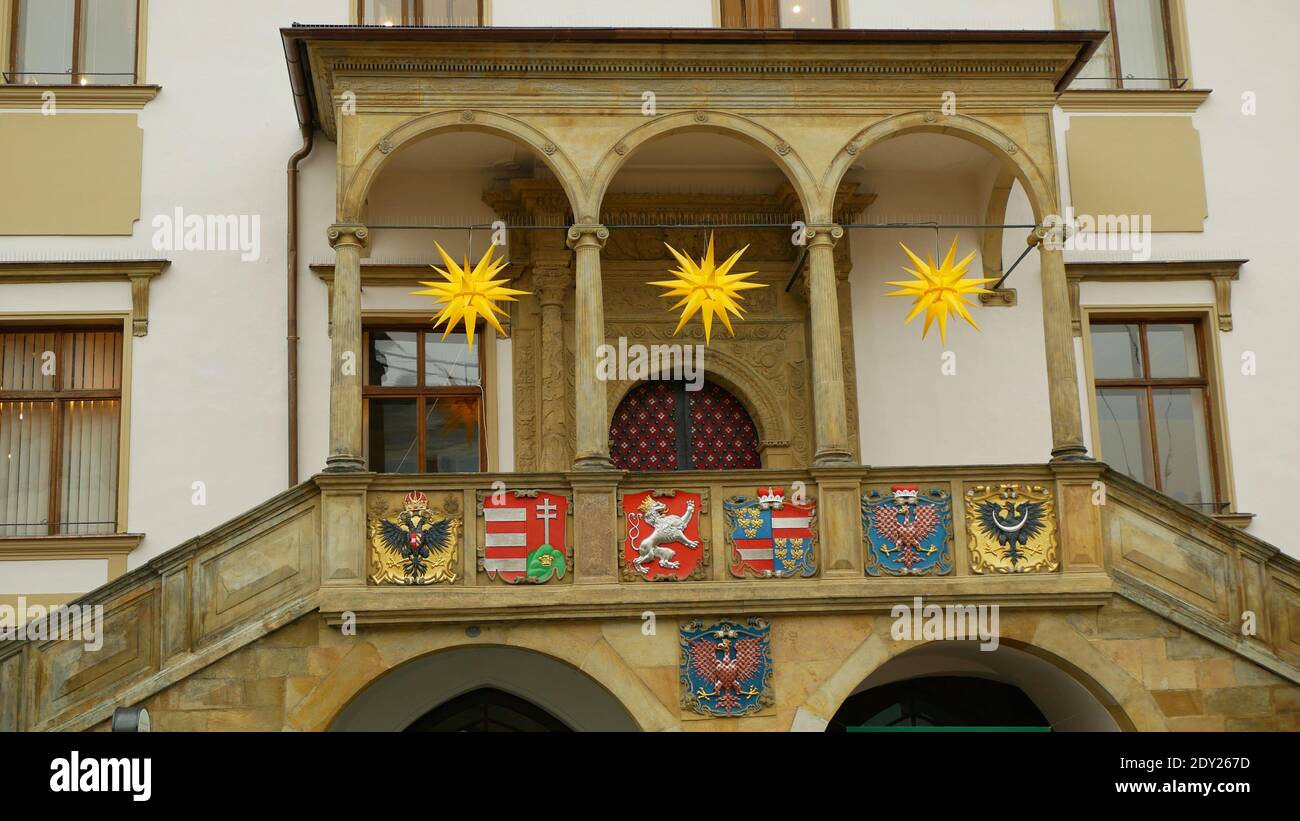 City Hall tower and historic buildings in Olomouc, national coats ...