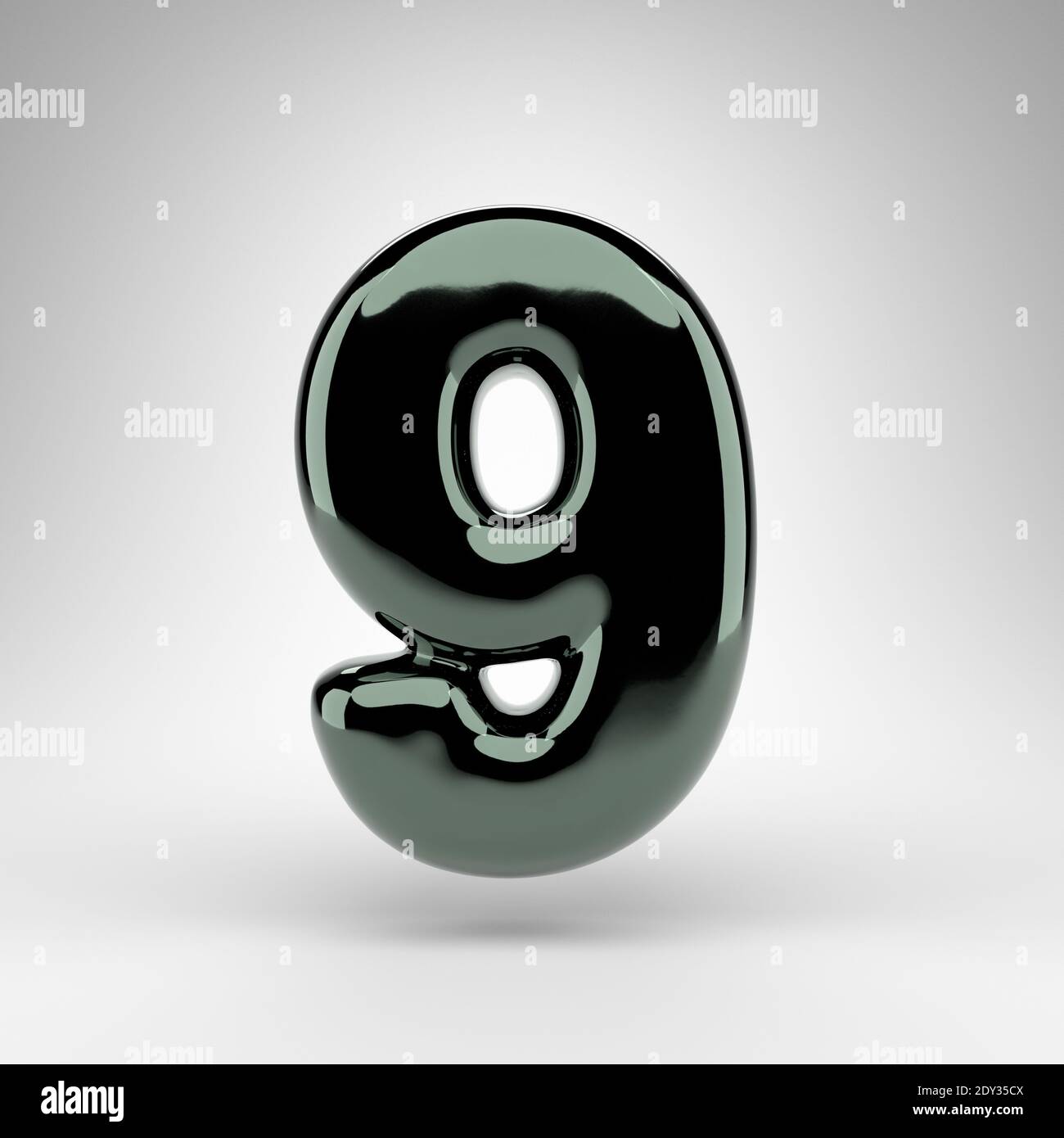 Number 9 on white background. Green chrome 3D rendered number with ...