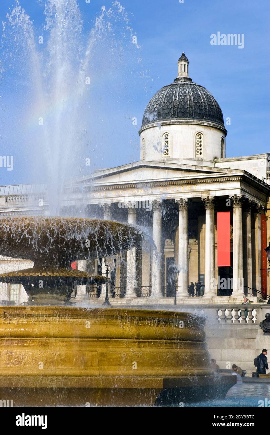 Fountains outside the National Gallery, an art museum at Trafalgar ...