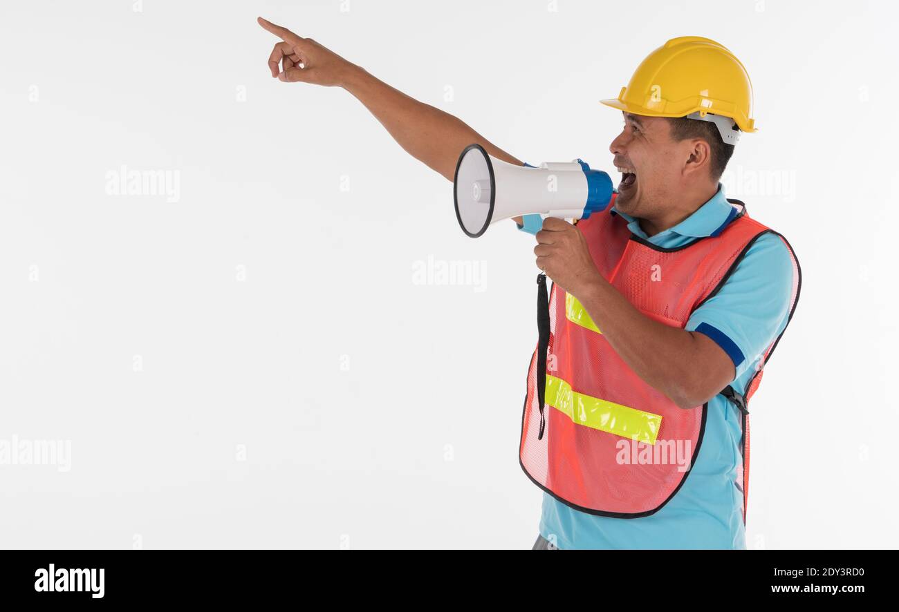 Engineer Shouting On Megaphone Against White Background Stock Photo - Alamy