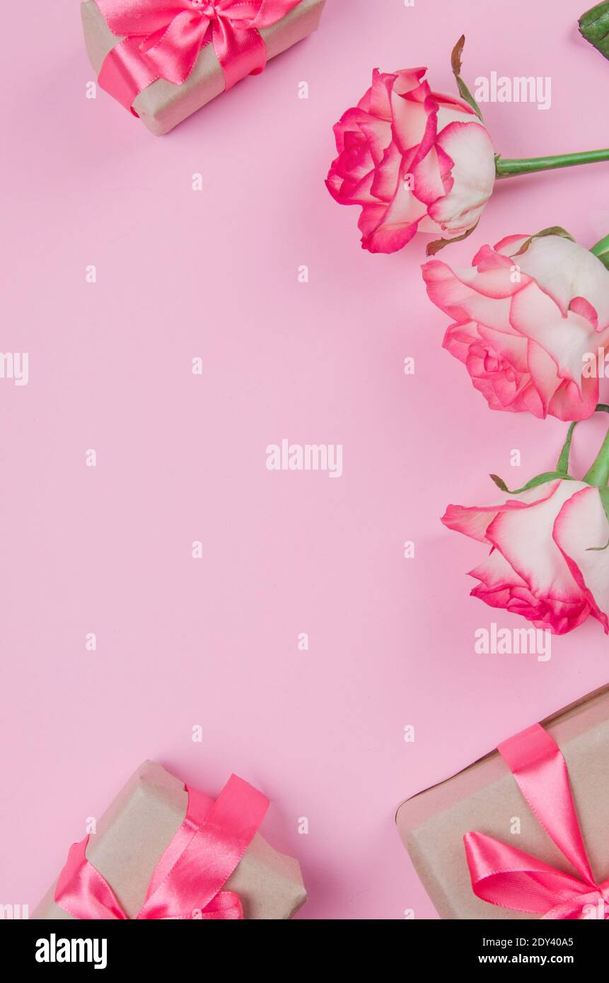 Rose natural flowers frame on table from above with copy space, flat ...