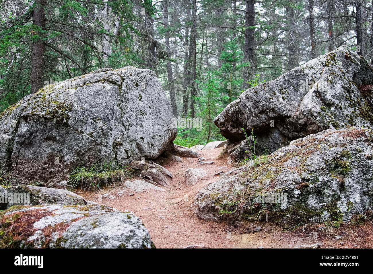 A hiking trail between two large boulders Stock Photo - Alamy