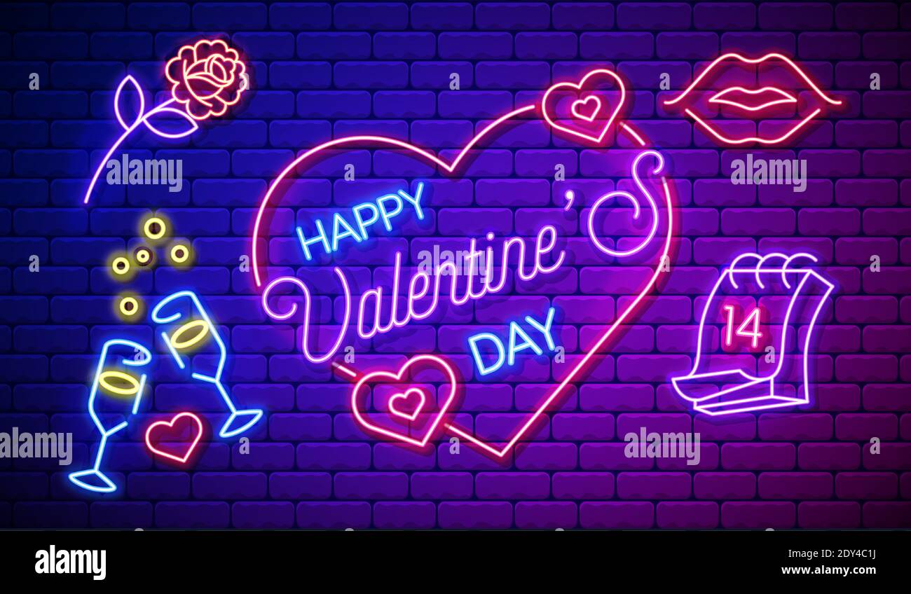 Neon valentines day card or poster, vector banner with hearts, glasses ...