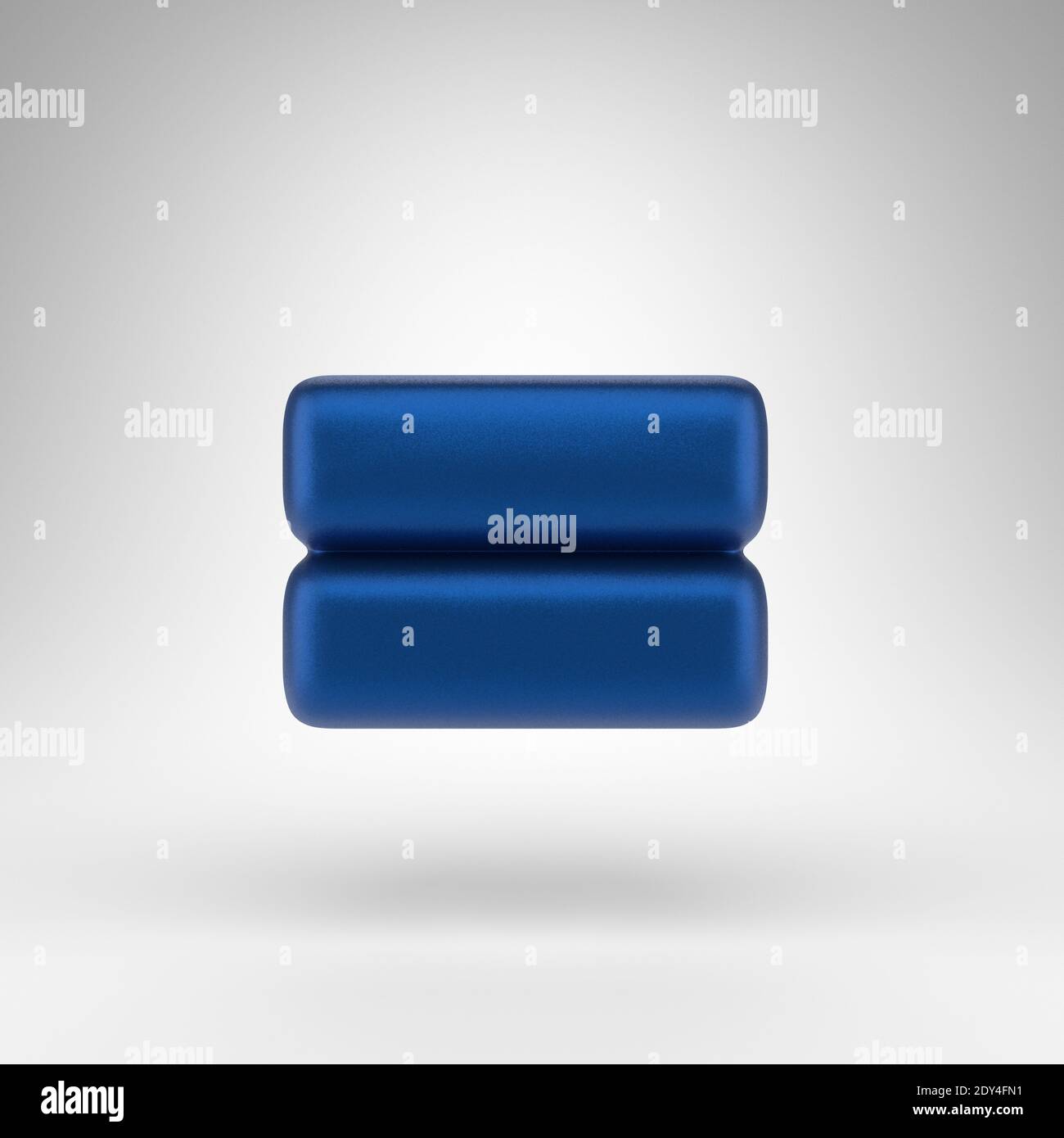 Equals symbol on white background. Anodized blue 3D rendered sign with ...