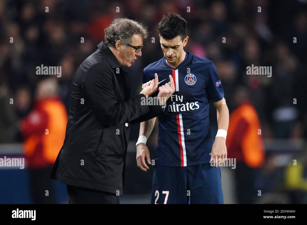 PSG's coach Laurent Blanc and Javier Pastore during the UEFA Champions ...