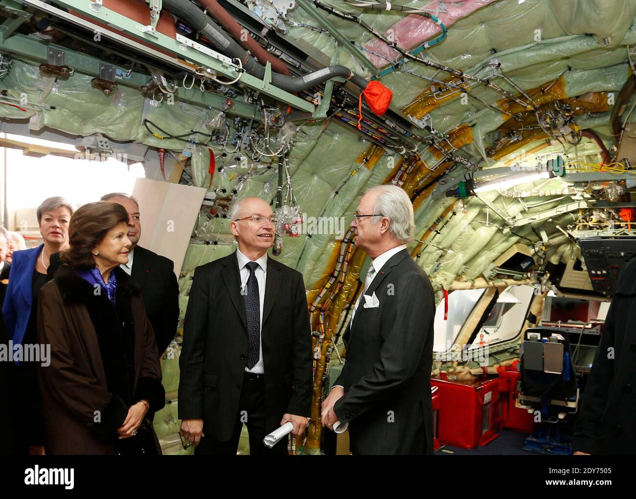 Sweden's King Carl XVI Gustaf and Queen Silvia listen to Airbus A350 ...