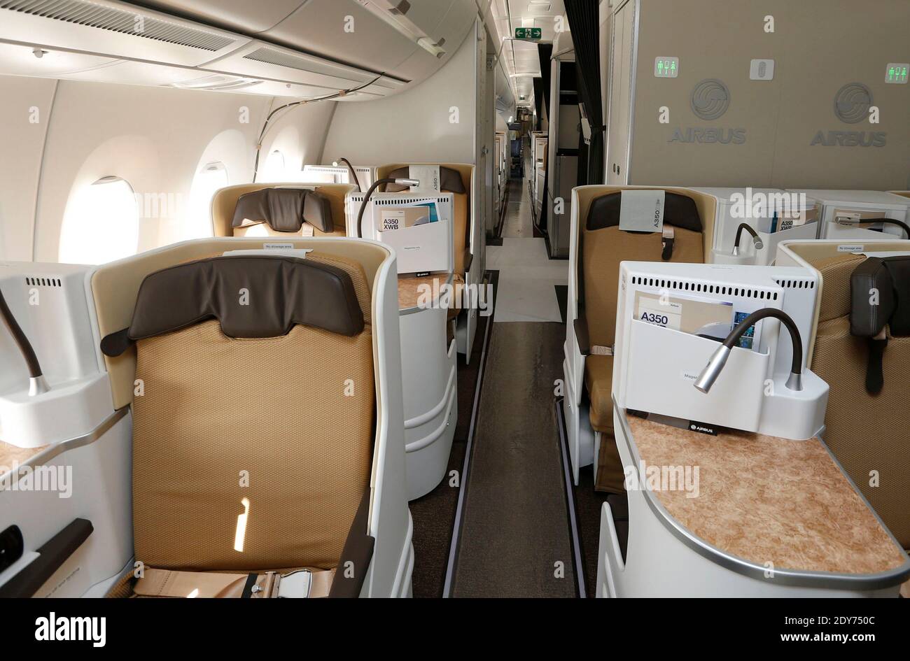 General view inside an Airbus A350 at the final assembly line at Airbus ...