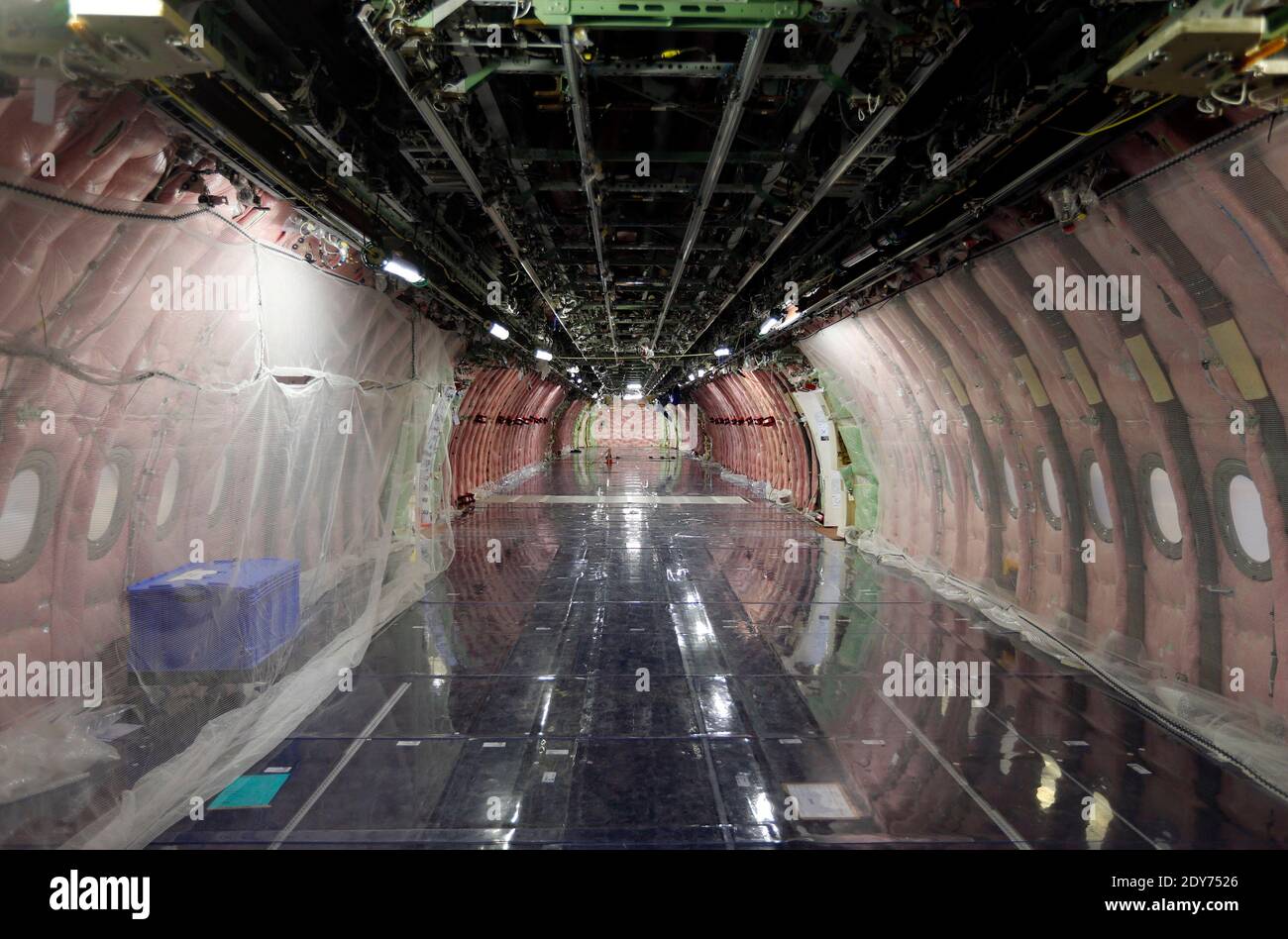 A general view shows an Airbus A350 under construction at the final ...