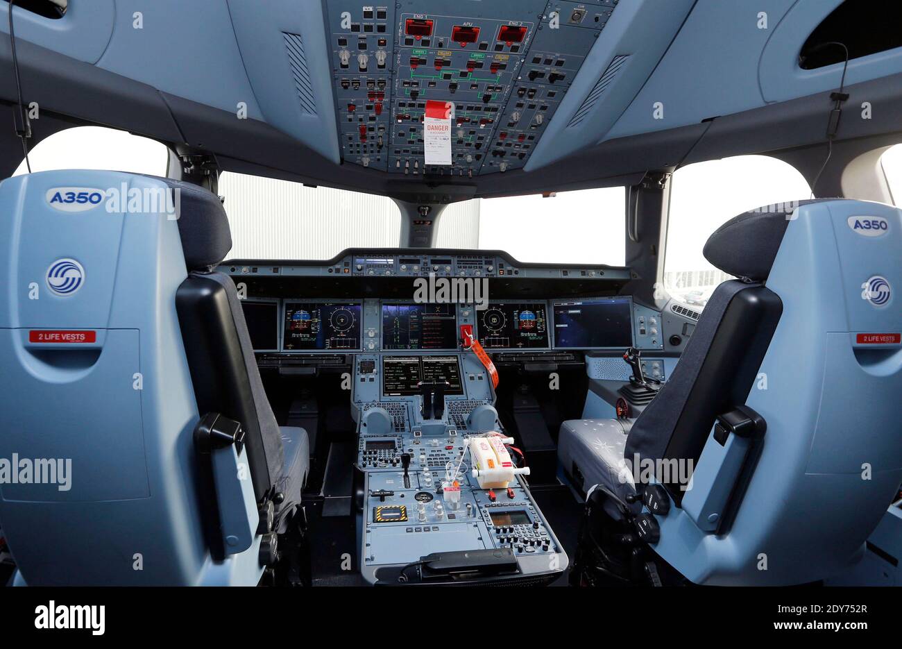 A general view shows the cockpit an Airbus A350 under construction at ...
