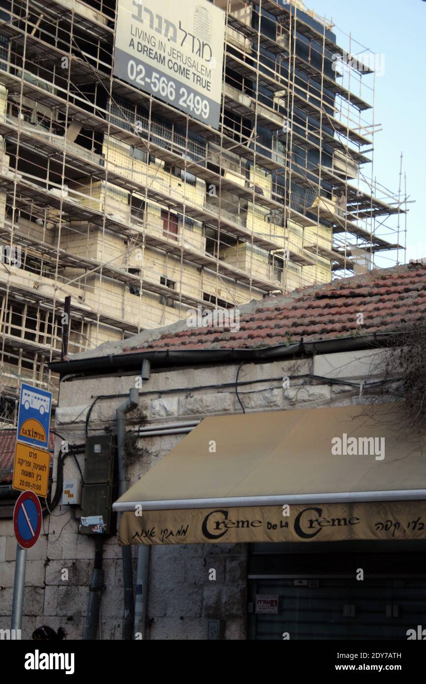 Scaffolding of a modern building in a Jerusalem west street. Israel ...