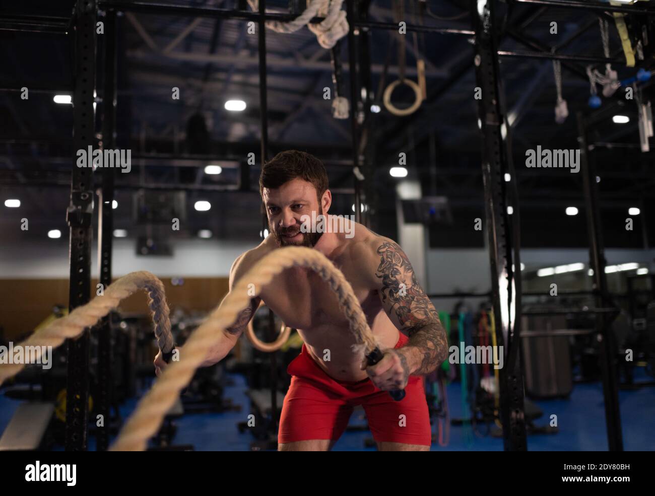 Low angle of positive muscular athlete doing battling rope exercise ...