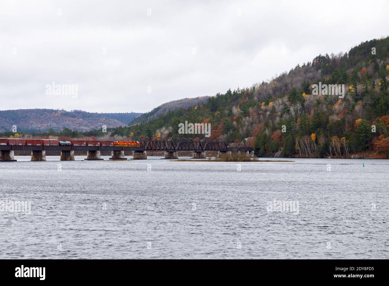 A train crossing over the Ottawa River in the Town of Mattawa ...