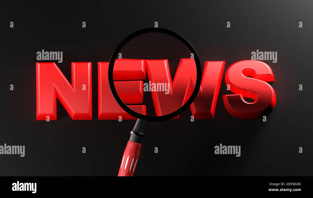 NEWS red write on black background, with magnifier over the word - 3D ...
