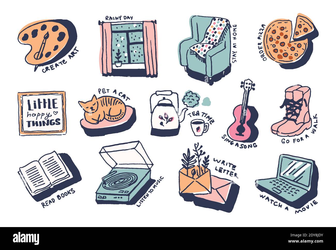 Stay at home comfort things in cute cozy hugge cartoon style ...