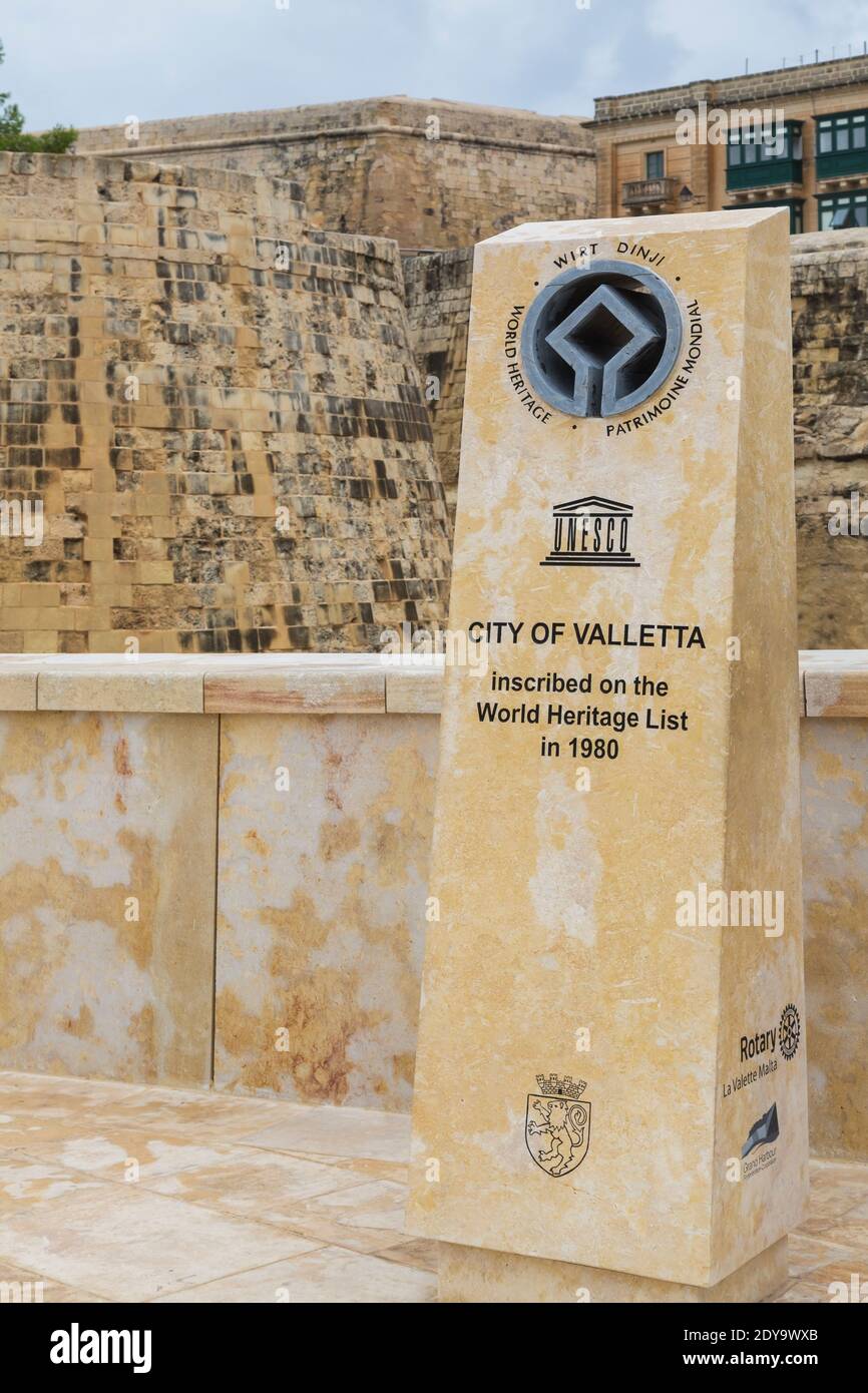 Commemorative City of Valletta UNESCO marker on walkway above the St ...