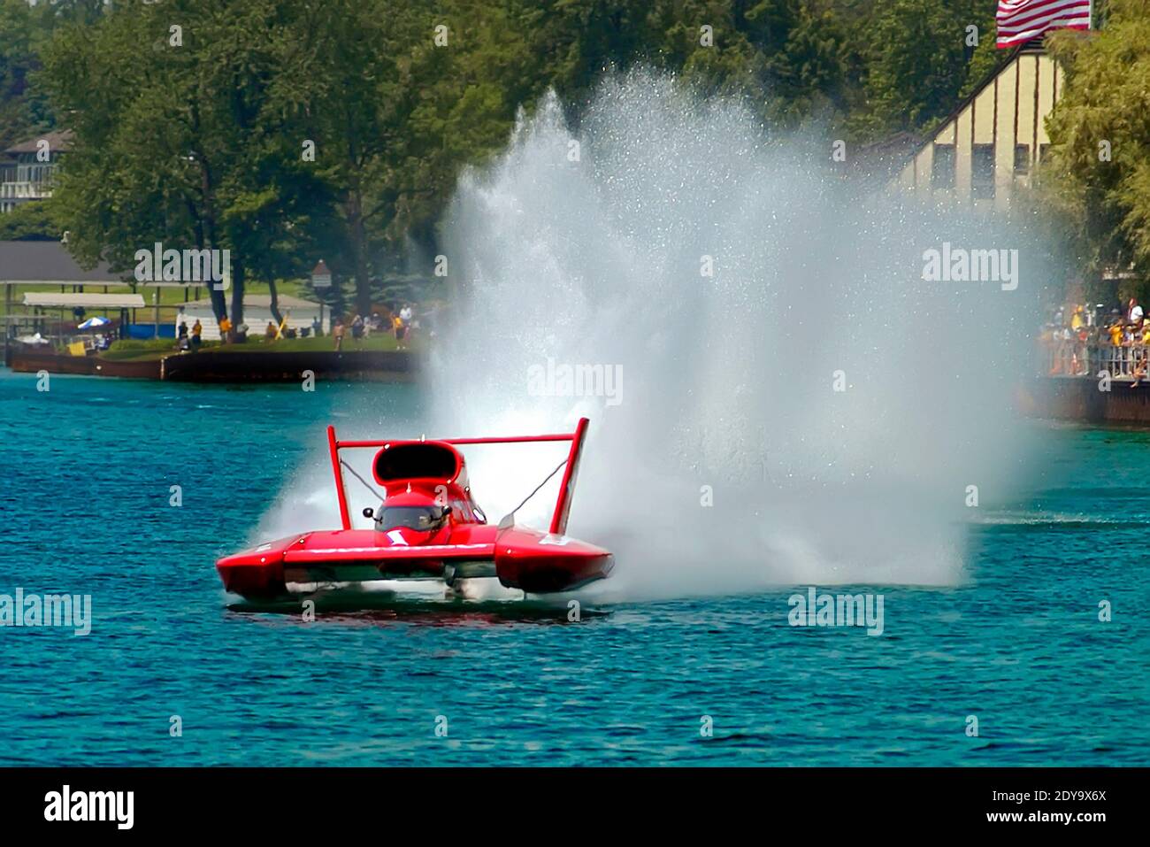 Red Hydroplane boat racing on the St. Clair River in St. Clair Michigan ...