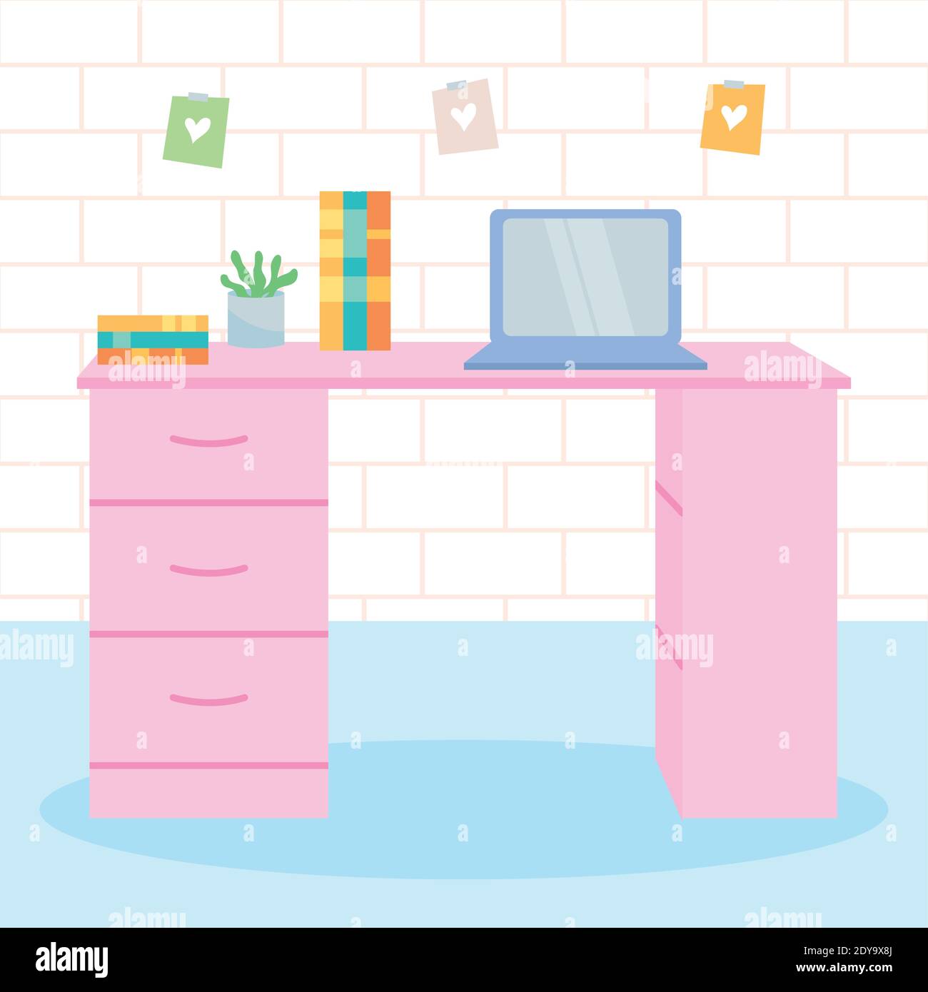 workplace design with pink desk with computer and elements, colorful ...