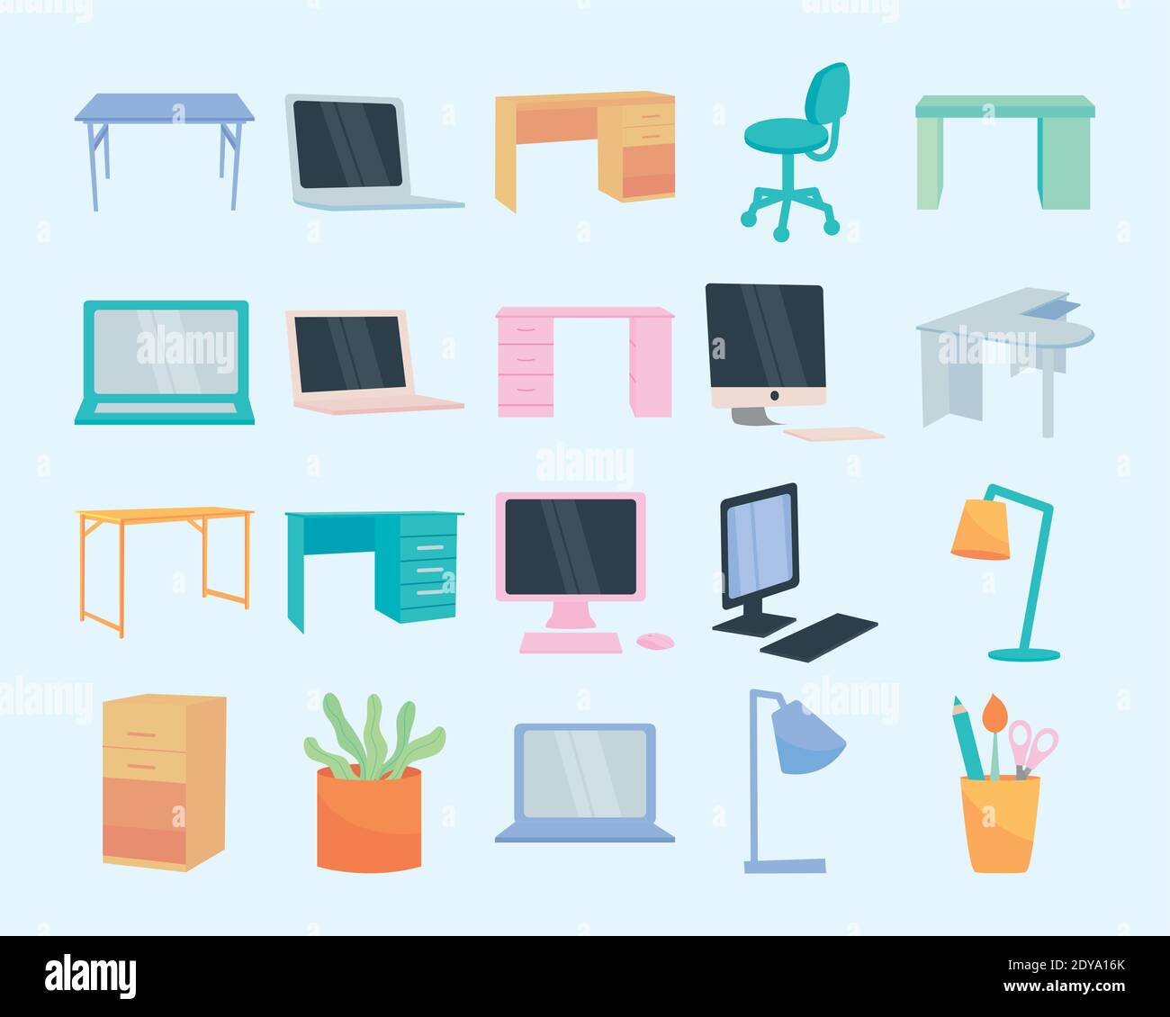 computers and workplace icons set over blue background, colorful design ...