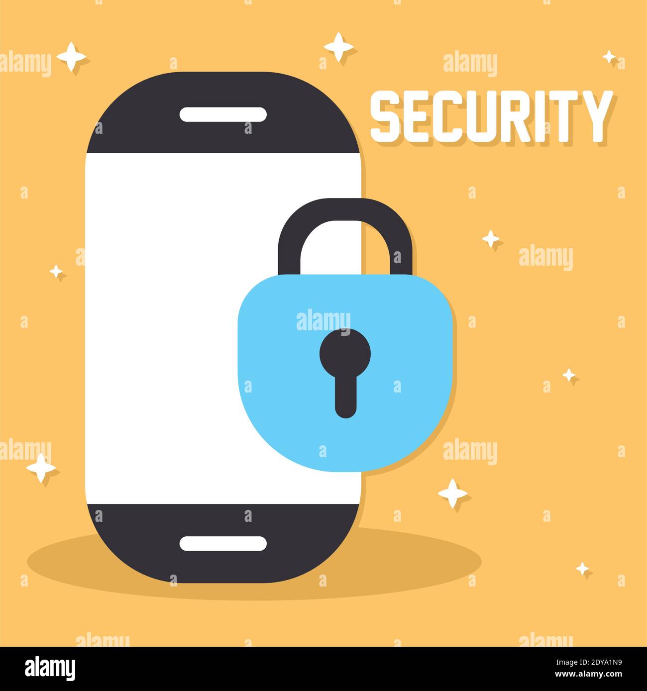 security lettering and phone with a padlock on a yellow background ...