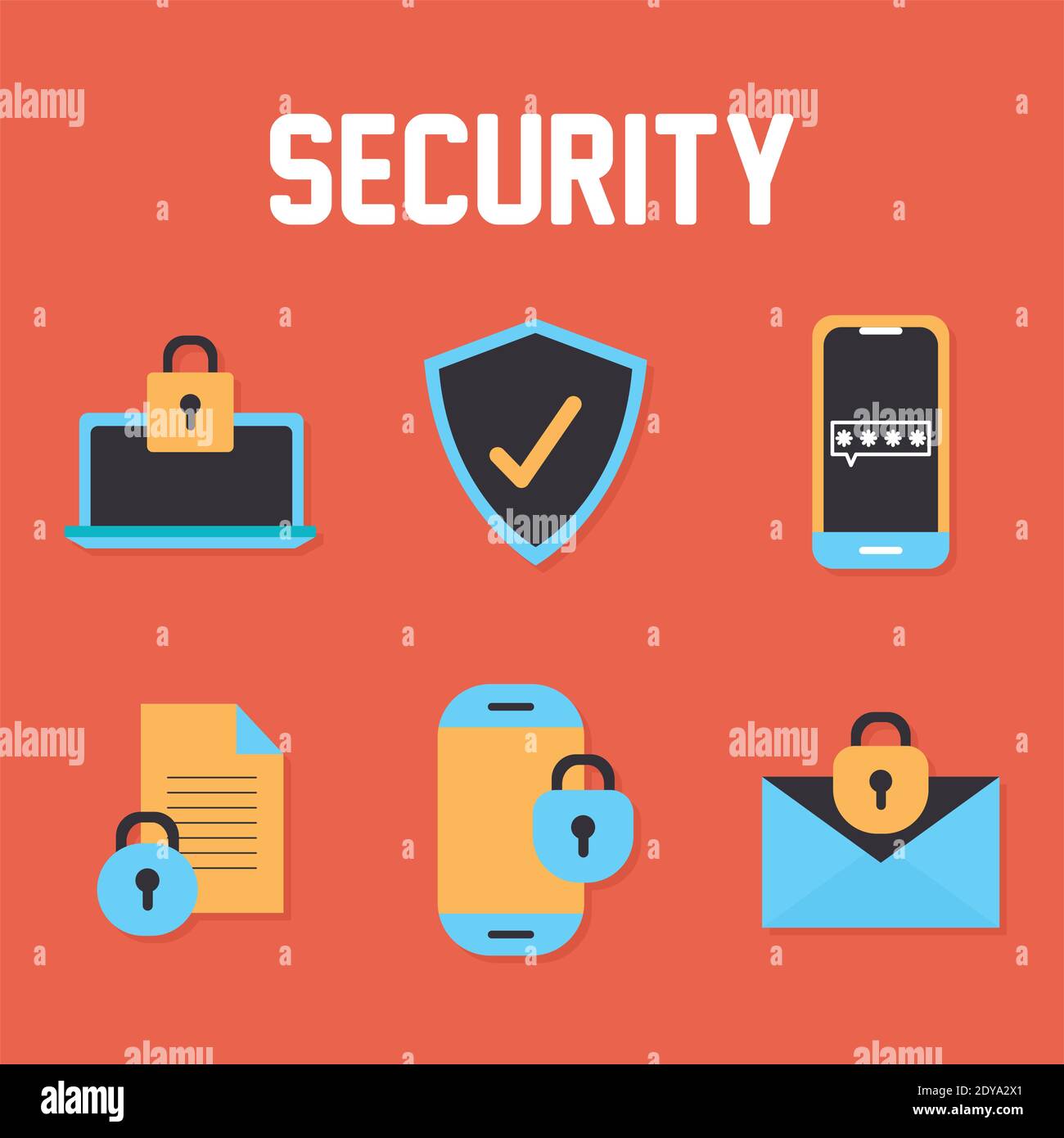 security lettering and bundle of security icons on a red background ...