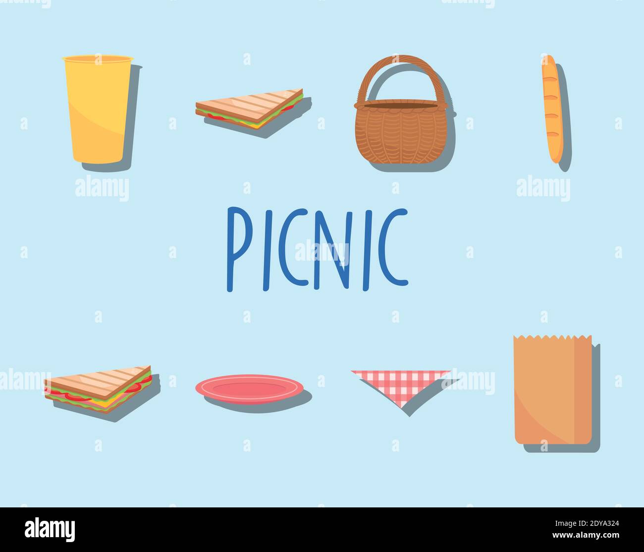 picnic design with food and picnic elements over blue background ...