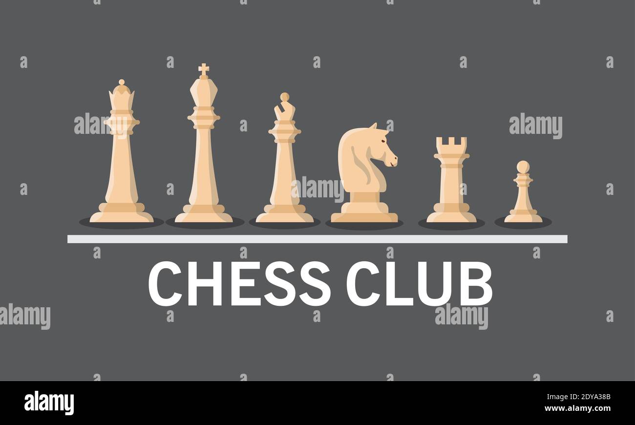 group of white chess pieces and club lettering vector illustration ...