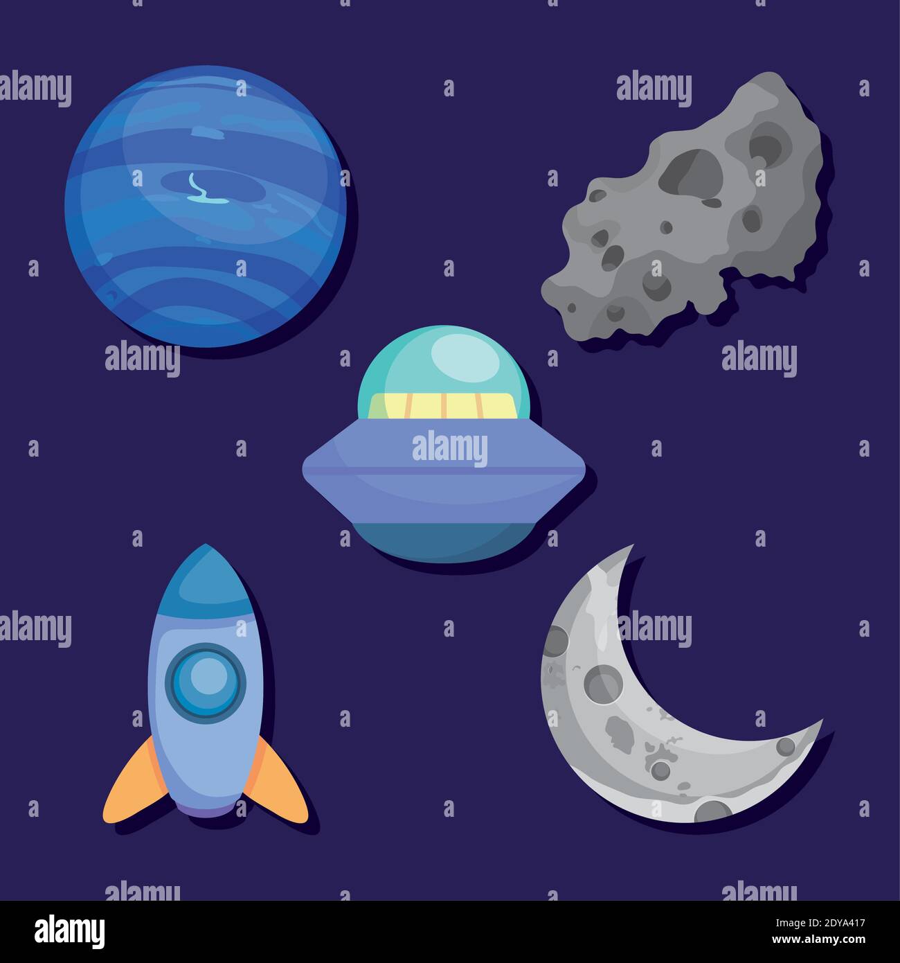 flying saucer and space elements collection over blue background ...