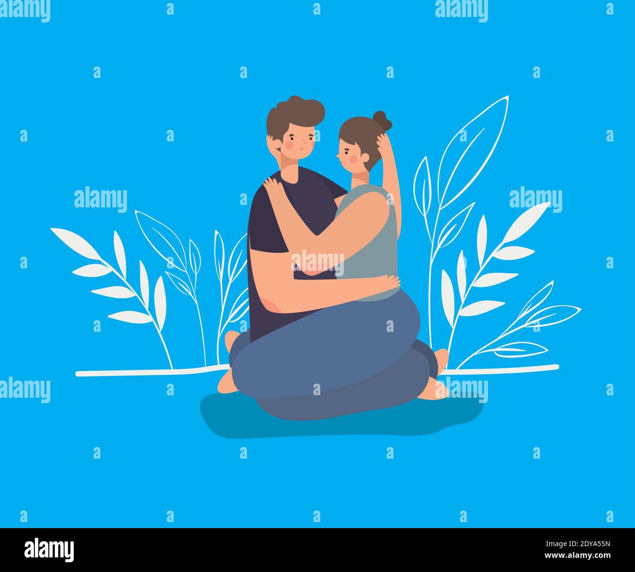 romantic couple sit and hugging on a blue background Stock Vector Image ...
