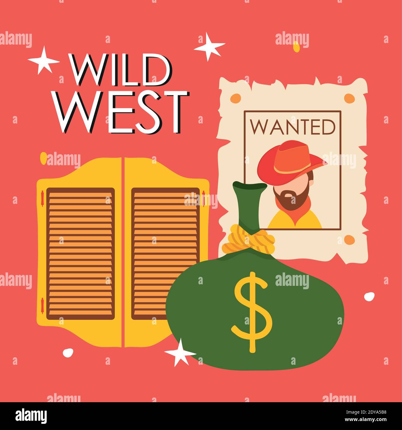 Wild west design with money bag and wanted poster over red background ...