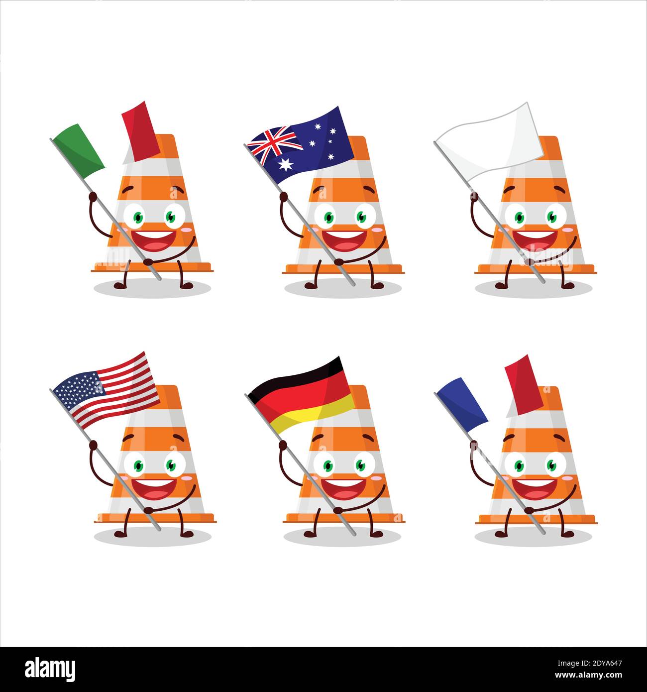 Orange traffic cone cartoon character bring the flags of various ...