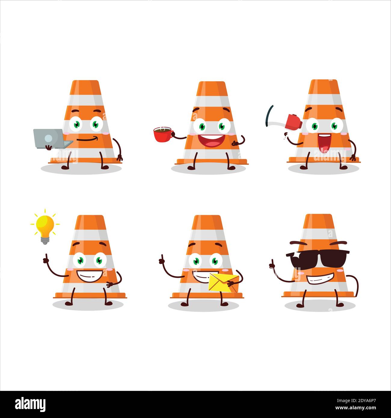 Orange traffic cone cartoon character with various types of business ...