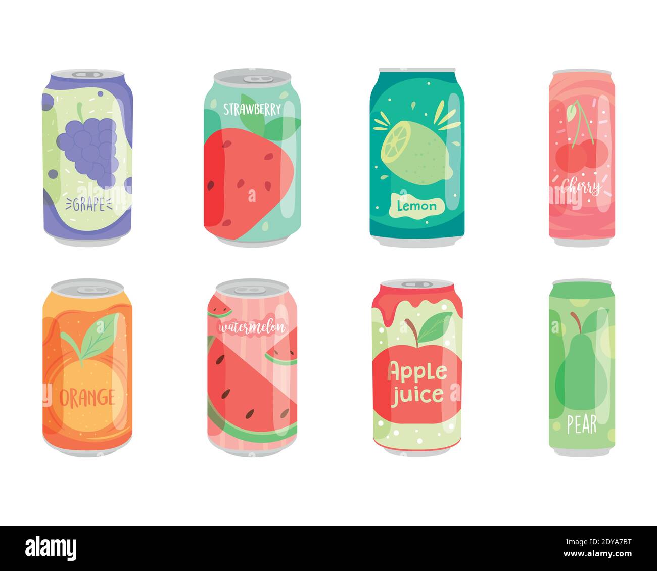 soda cans of fruit flavors icon set over white background, colorful ...