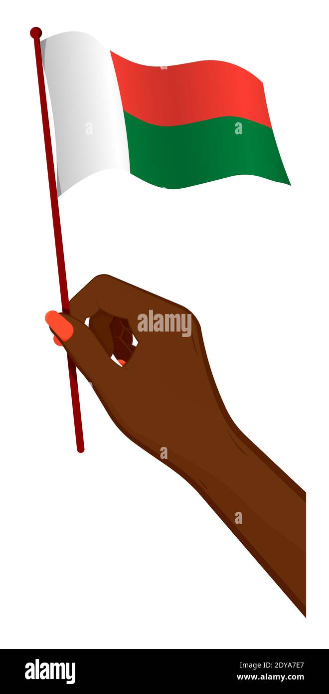 Female hand gently holds small flag of madagascar. Holiday design element. Cartoon vector on ...