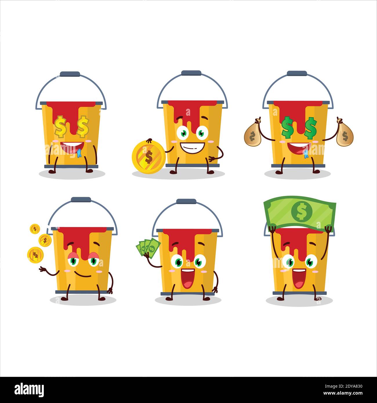Yellow paint bucket cartoon character with cute emoticon bring money ...