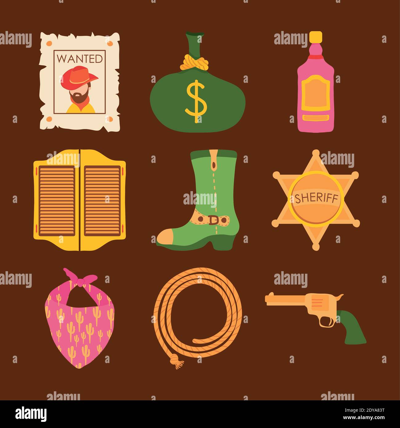 wated poster and Wild west icon set over brown, background, colorful ...