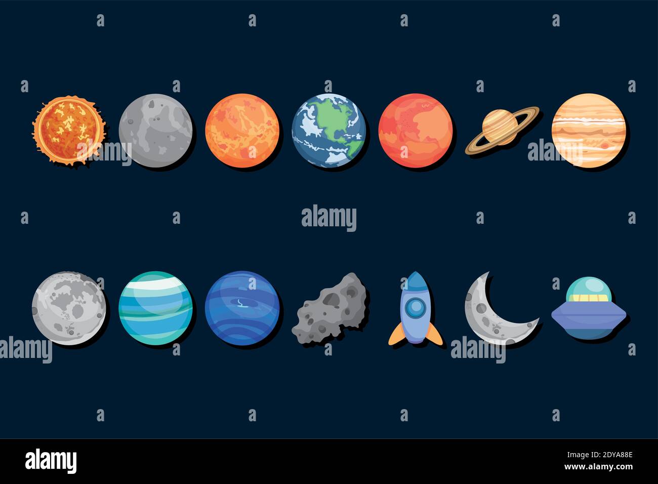 planets and space elements collection over black background, colorful ...