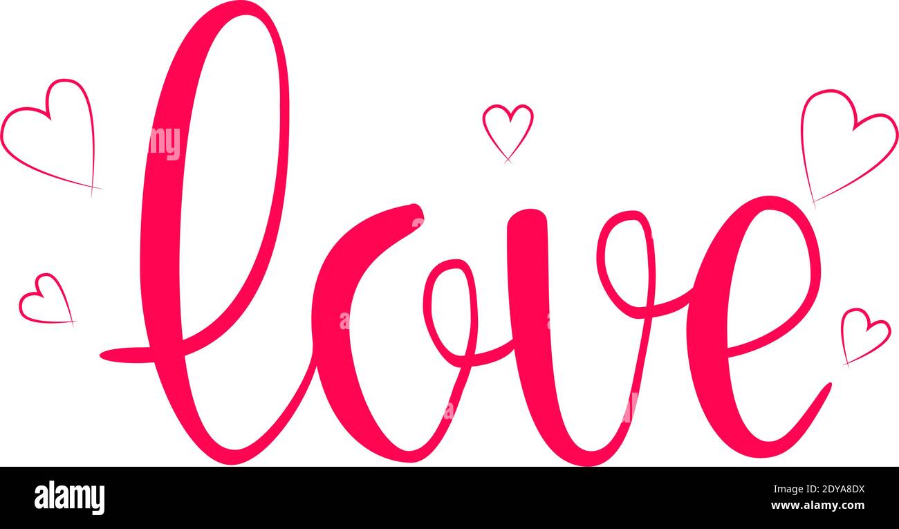 Red lettering Love, surrounded by hearts on a white isolated background ...