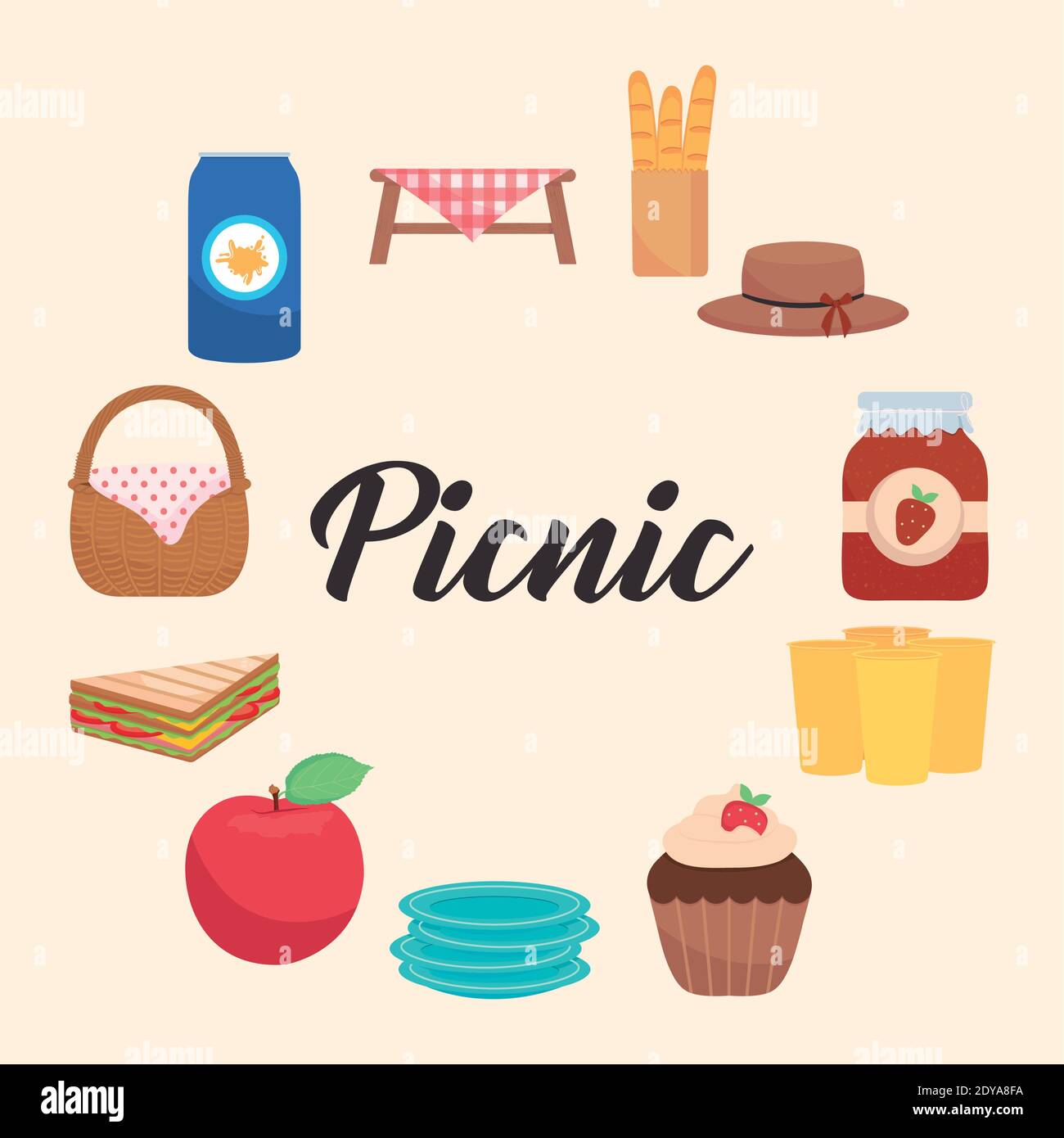 picnic design with food and related icons around over white background ...