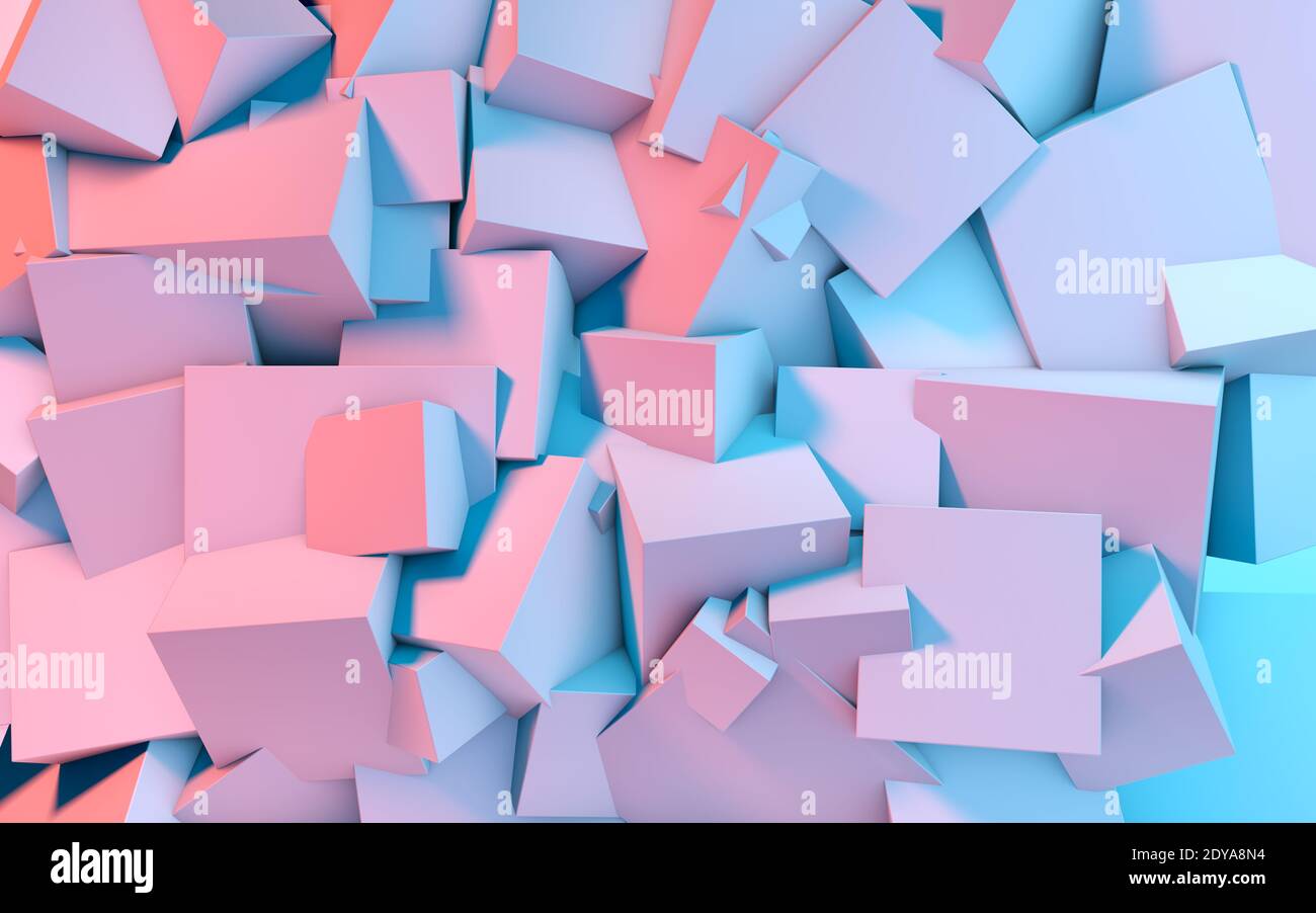 Abstract background with 3D shapes flying in pink and blue light as a ...