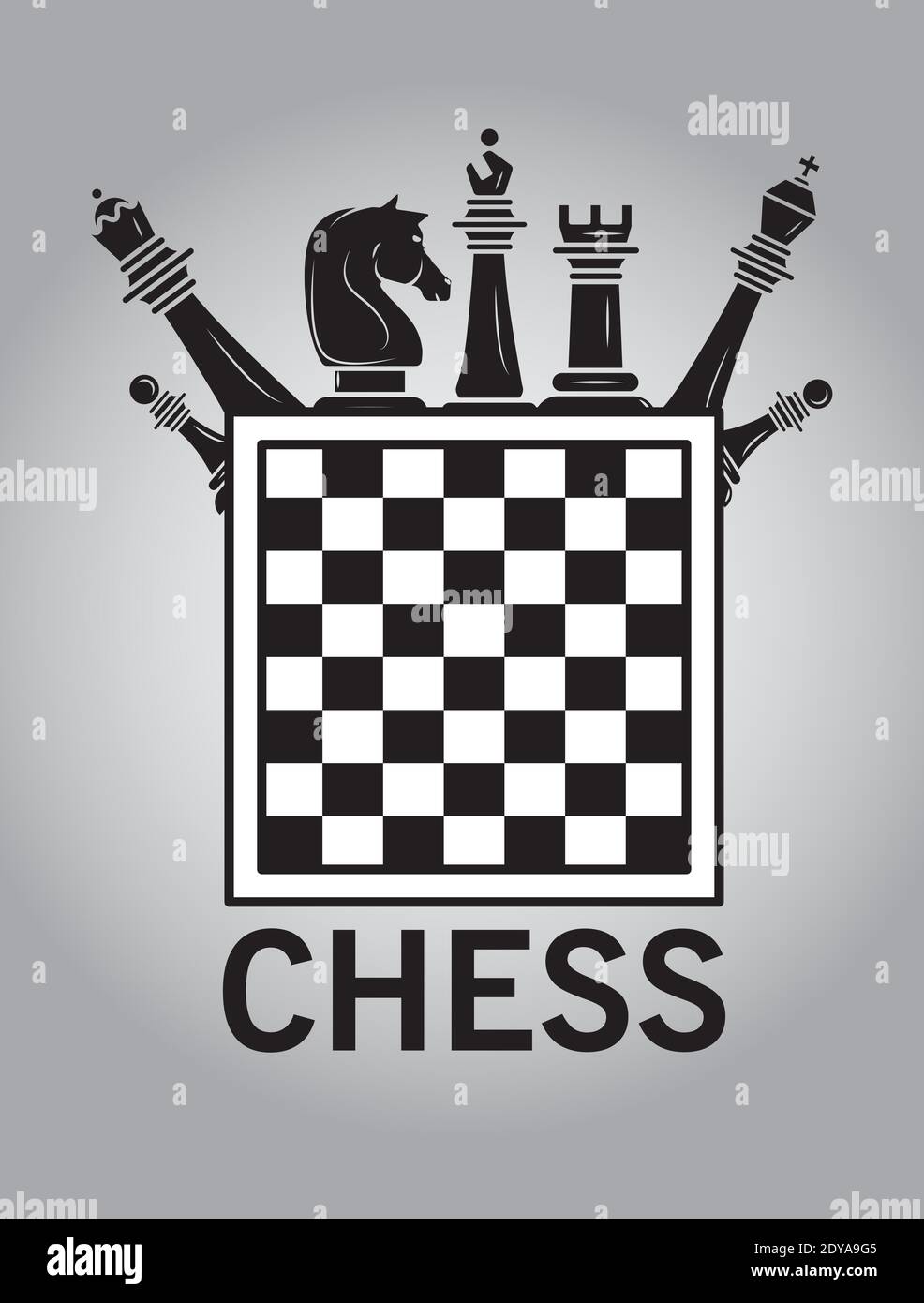 group of black chess pieces in board and lettering vector illustration ...