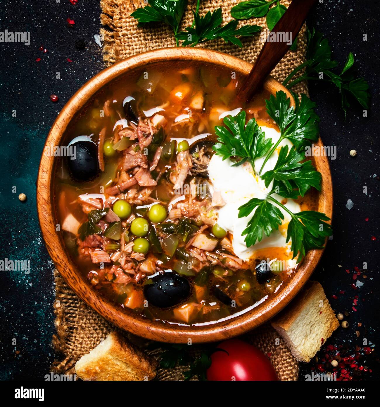 Russian Meat Solyanka Soup In Wooden Bowl, Top View Stock Photo - Alamy