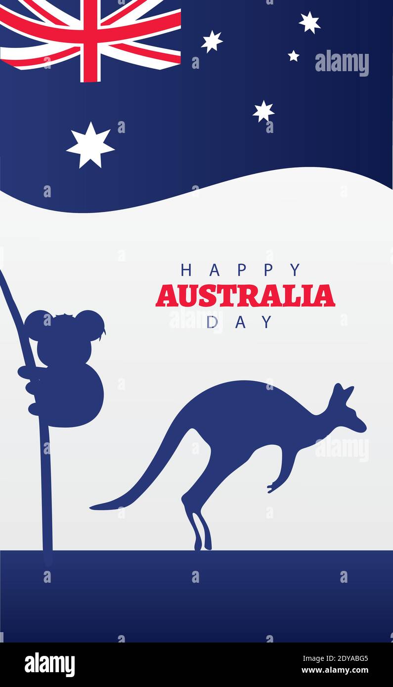 happy australia day lettering with flag and kangaroo and koala vector ...