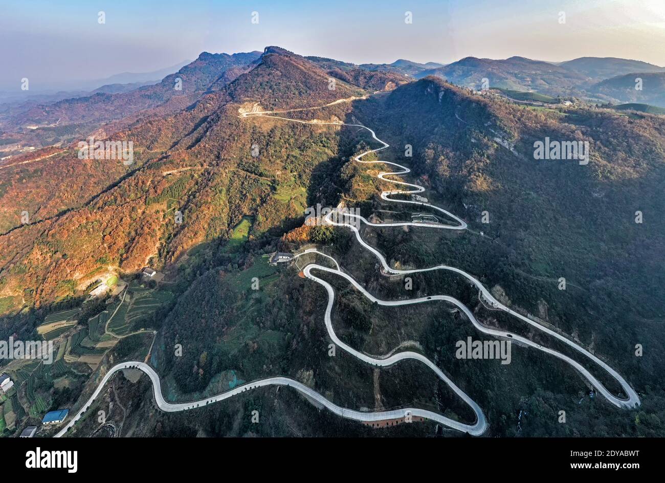 An aerial view of the winding cliff highway (Guzhang Highway) looking ...