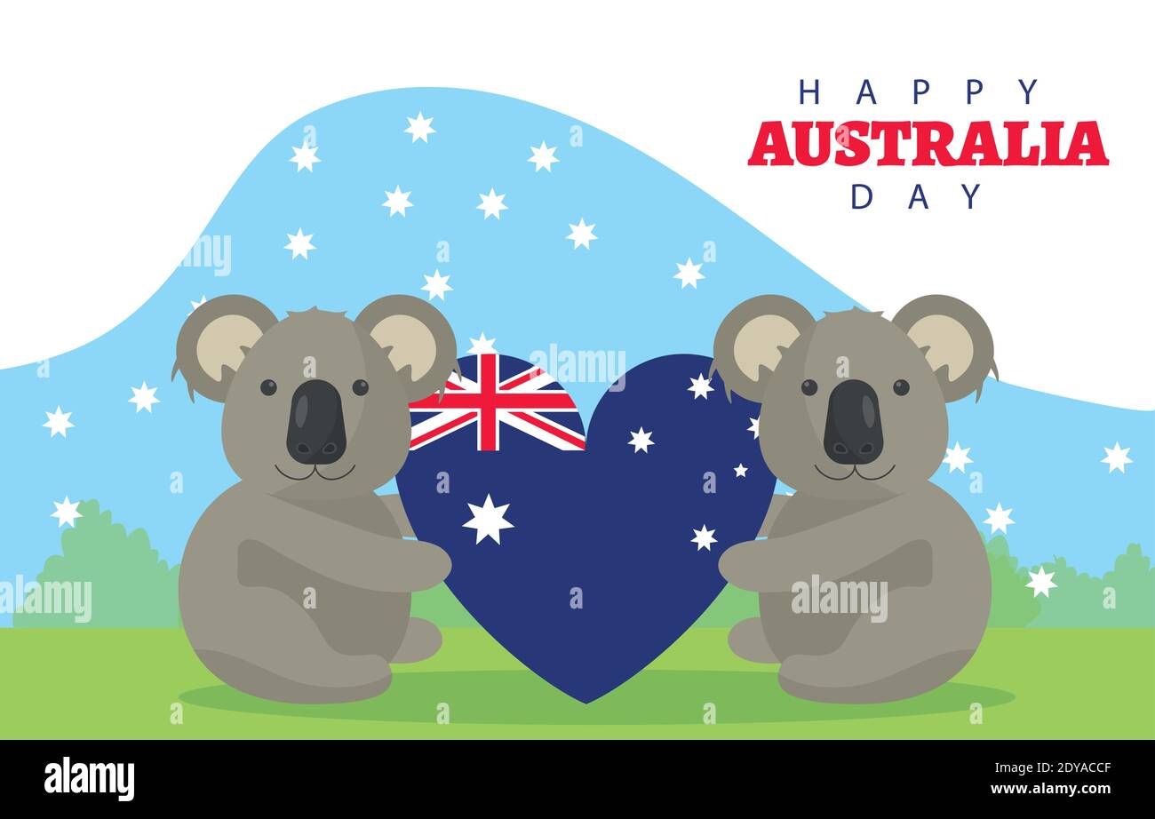 happy australia day lettering with koalas and flag in heart vector ...