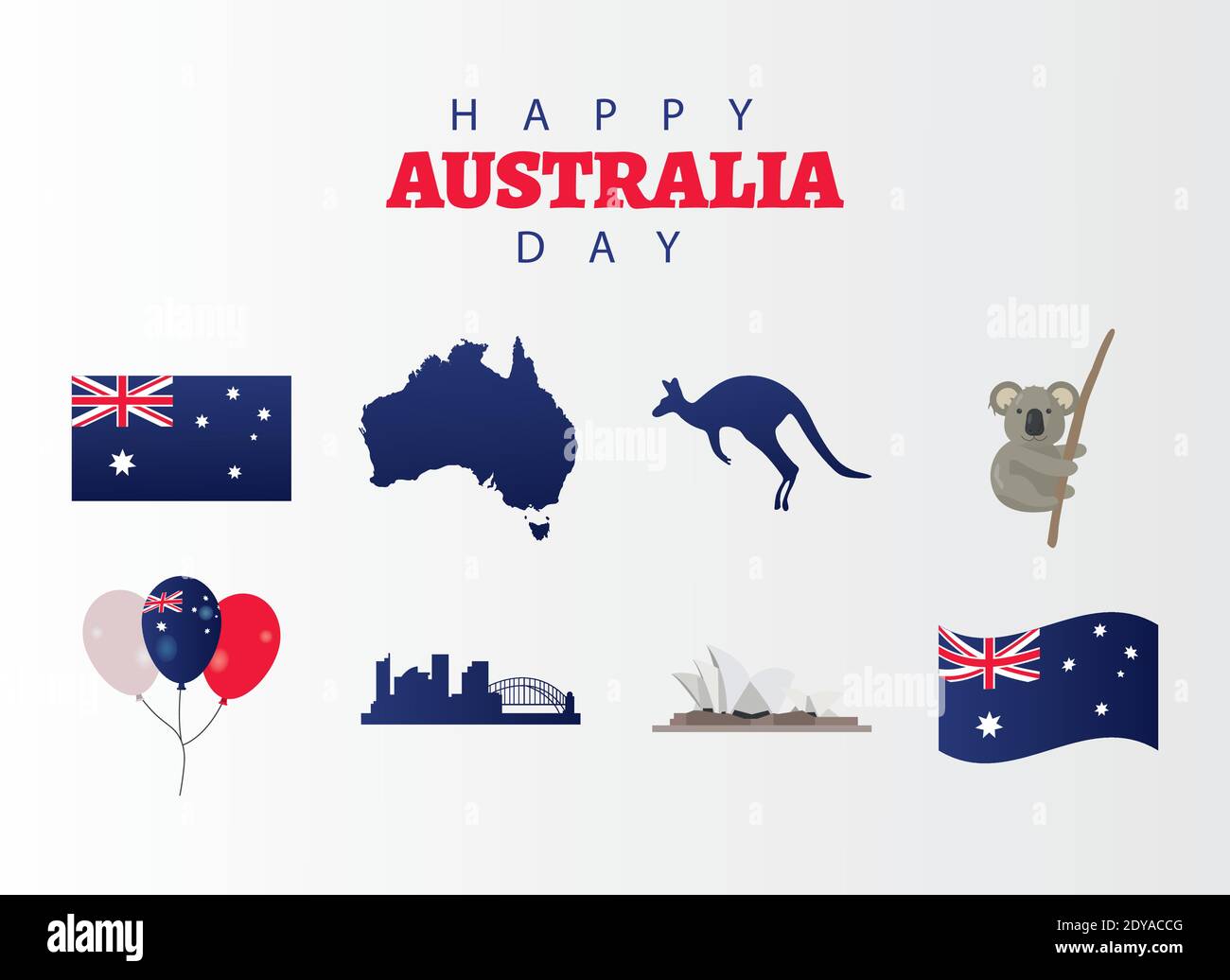happy australia day lettering with set icons in white background vector ...