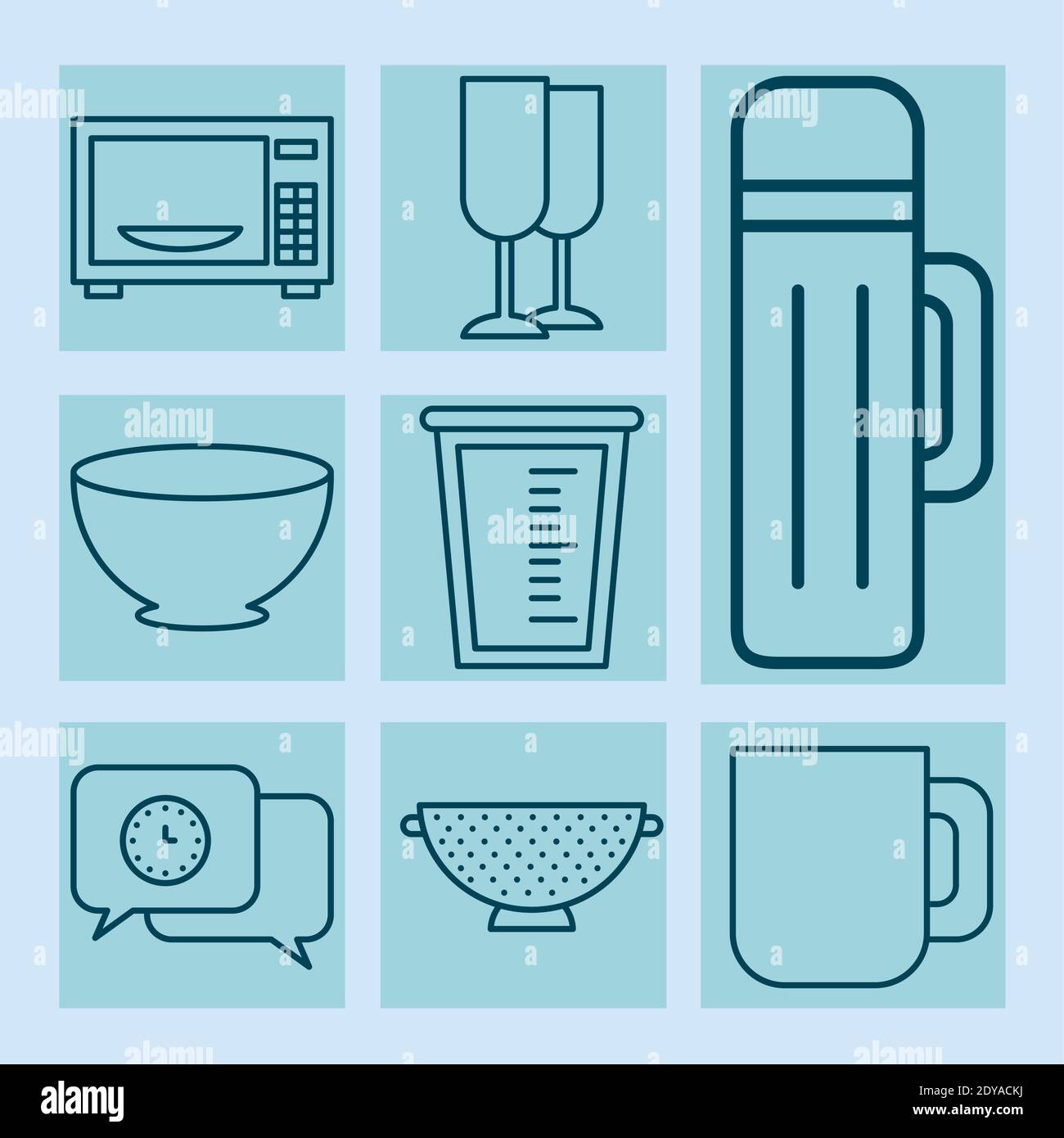 microwave and kitchen tools icon set over blue background, line style ...
